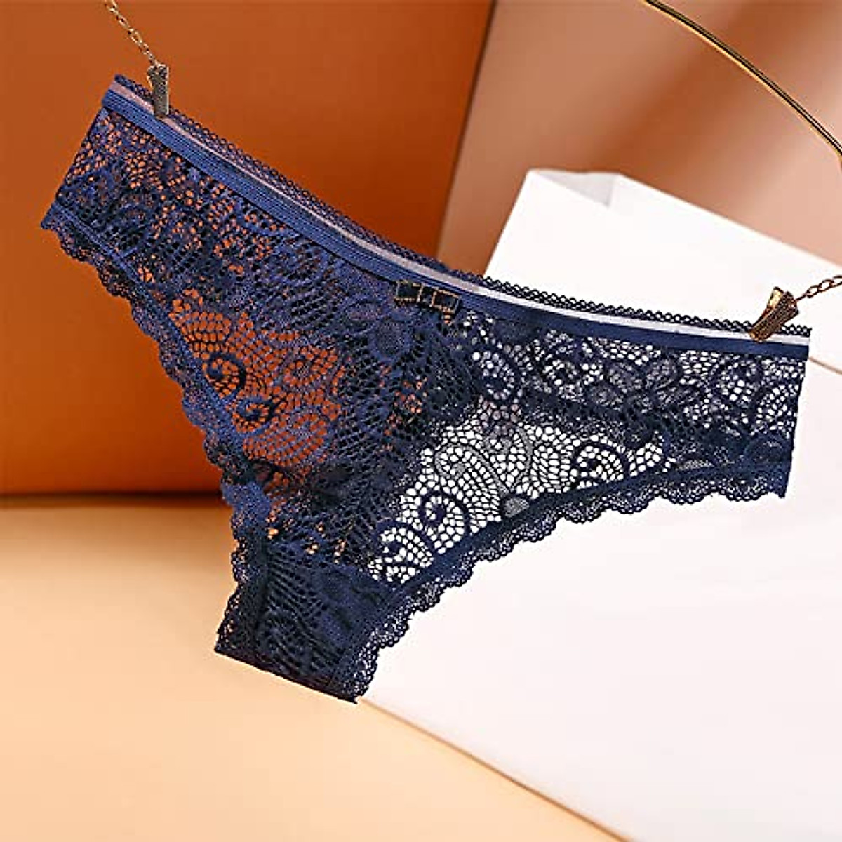 Kinple Lace Briefs for Women Low Waist See Through Panties Sexy Cheeky Butterfly Thongs Soft Elastic Hipster Underwear Dark Blue