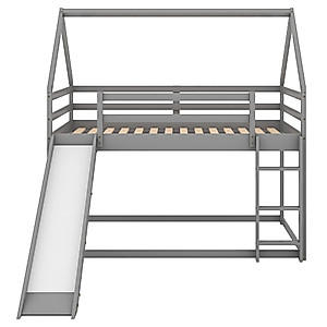 LostCat Twin Over Twin Bunk Bed with Slide,House Shaped Wooden Bunkbeds w/Safety Guardrail and Ladder,No Box Spring Needed,Suitable for Girls Boys,Grey