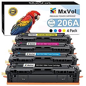 MxVol (206A NO Chip) Compatible Toner Cartridge Replacement for HP 206A 206X W2110A W2110X for HP Laserjet Pro MFP M283fdw M283cdw M255dw M282nw M283 M255 M282 Series Printer (KCMY, 4-Pack)