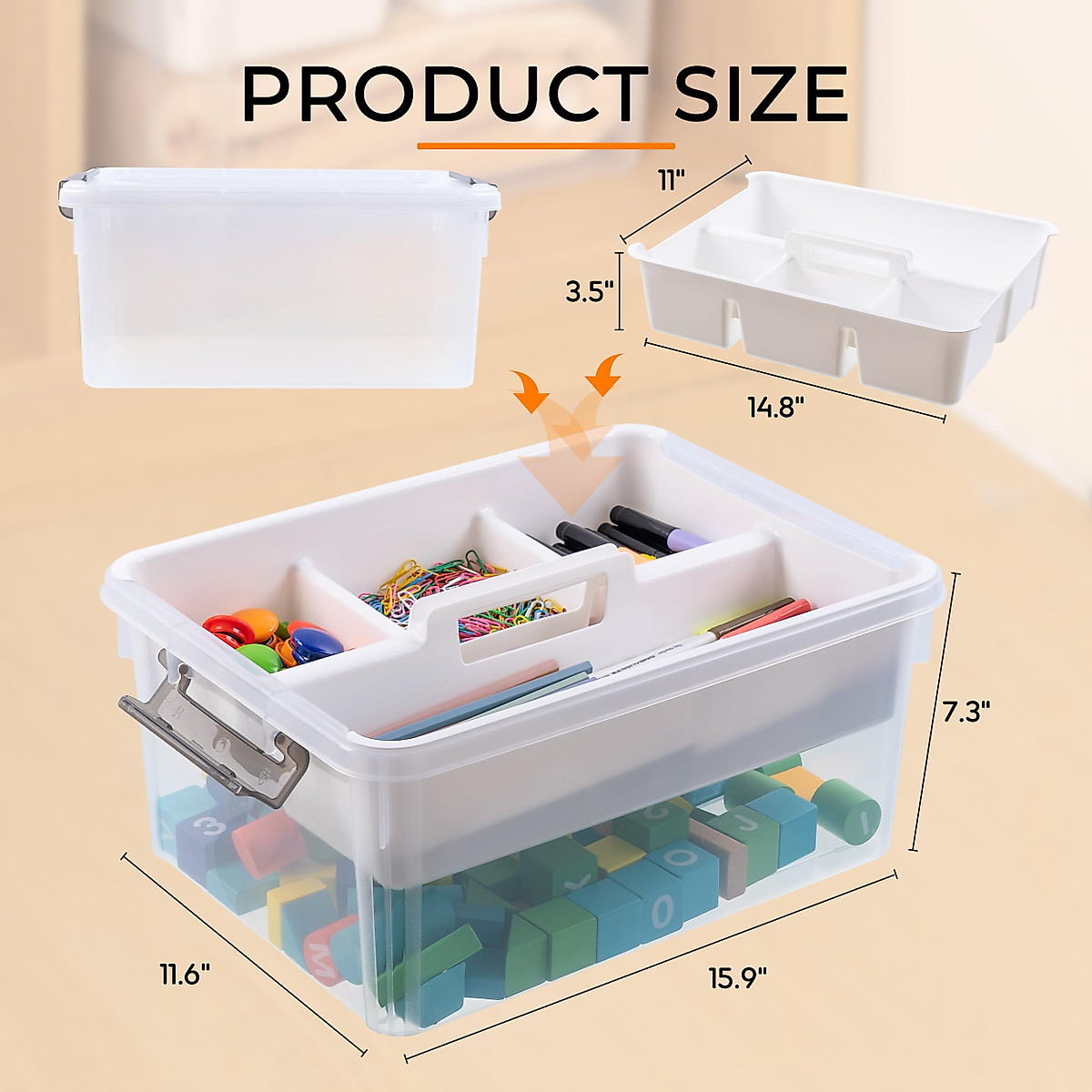 Citylife 17 QT Plastic Storage Bins Clear Storage Box with Removable Tray Stackable Latching Box with Handle for Oraganizing Tool, Craft, Office