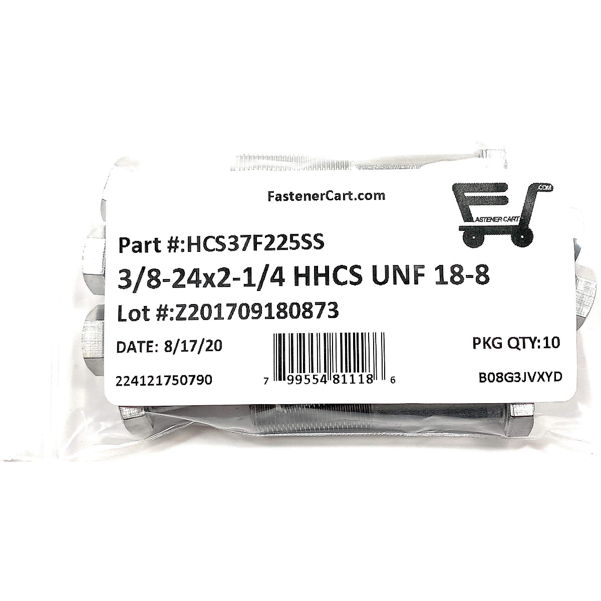 3/8-24x2-1/4 Stainless Steel Hex Cap Screws FT Hex Bolts 18-8 (UNF) FINE Thread - (10 pcs)