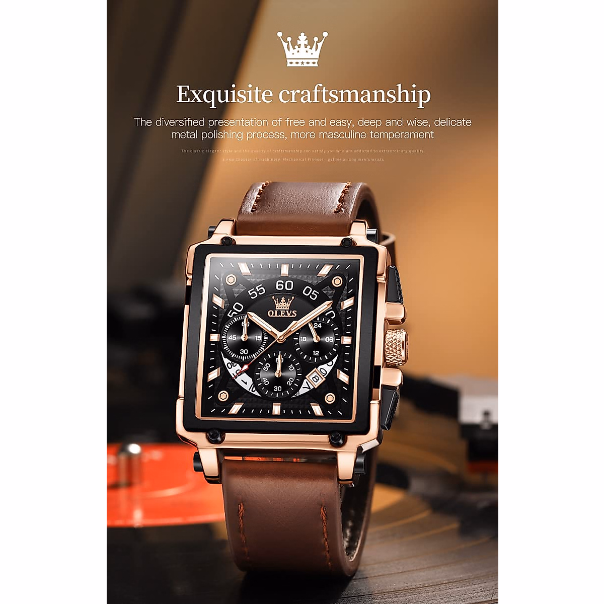 OLEVS Square Watches for Men Brown Leather Chronograph Fashion Business Watch Luminous Waterproof Casual Wrist Watches