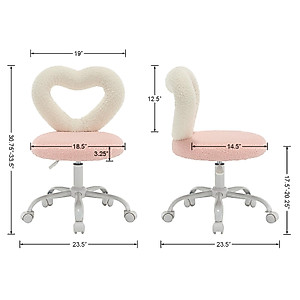 Guyou Kids Desk Chair with Wheels, Cute Furry Girls Desk Chair with Open Heart Backrest, Adjustable Computer Study Chair Swivel Rolling Faux Fur Children Chair for Bedroom, Pink
