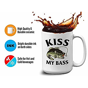 Fishing Coffee Mug 15oz White - Fisher, Retirement Dad - Fishing, Fish Lover, Hook, Bait, Reel, Rod, Spooling, Outdoor Hobby (Kiss Bass)