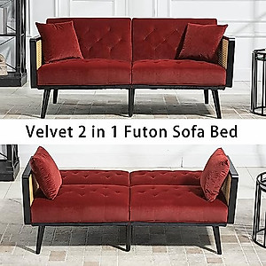 Velvet 2 in 1 Futon Sofa Bed,61" Adjustable Couch Sleeper,Modern Upholstered Loveseat with 2 Pillows,Convertible Folding Fabric Small Love Seat for Living Room Apartment Small Space (Red)