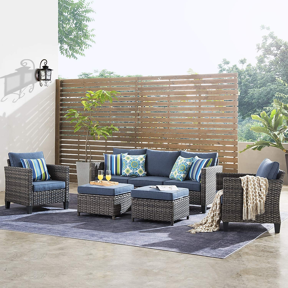 ovios Outdoor Furniture 5 Pieces Patio Furniture Set Sectional Conversation Set All Weather Wicker Rattan Sofa Couch for Yard Deck Porch, Grey Wicker, Denim Blue Cushion