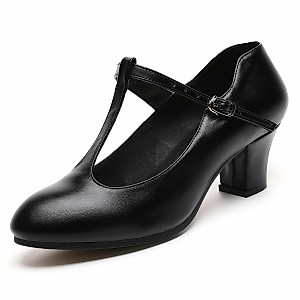 Women's Character Shoes Non-Slip Latin Salsa Ballroom Dance Heels T-Strap Wedding Pumps (7.5 / Black)