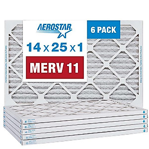 Aerostar 14x25x1 MERV 11 Pleated Air Filter, AC Furnace Air Filter, 6 Pack (Actual Size: 13 1/2" x 24 1/2" x 3/4")
