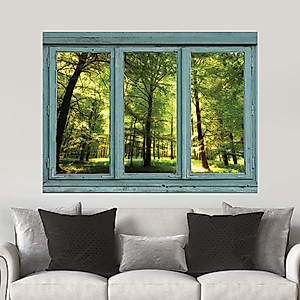 wall26 - Vintage Teal Window Looking Out Into a Green Forest and Sun Rays Peeking Through - Wall Mural, Removable Sticker, Home Decor - 36x48 inches