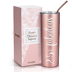 Onebttl 25 & Fabulous 20 Oz Insulated Stainless Steel Wine Tumbler, 25th Birthday Gifts Party Supplies Decorations for Women Funny Tumbler Gifts Idea for Friends Her Wife Mom Coworkers, Rose Gold