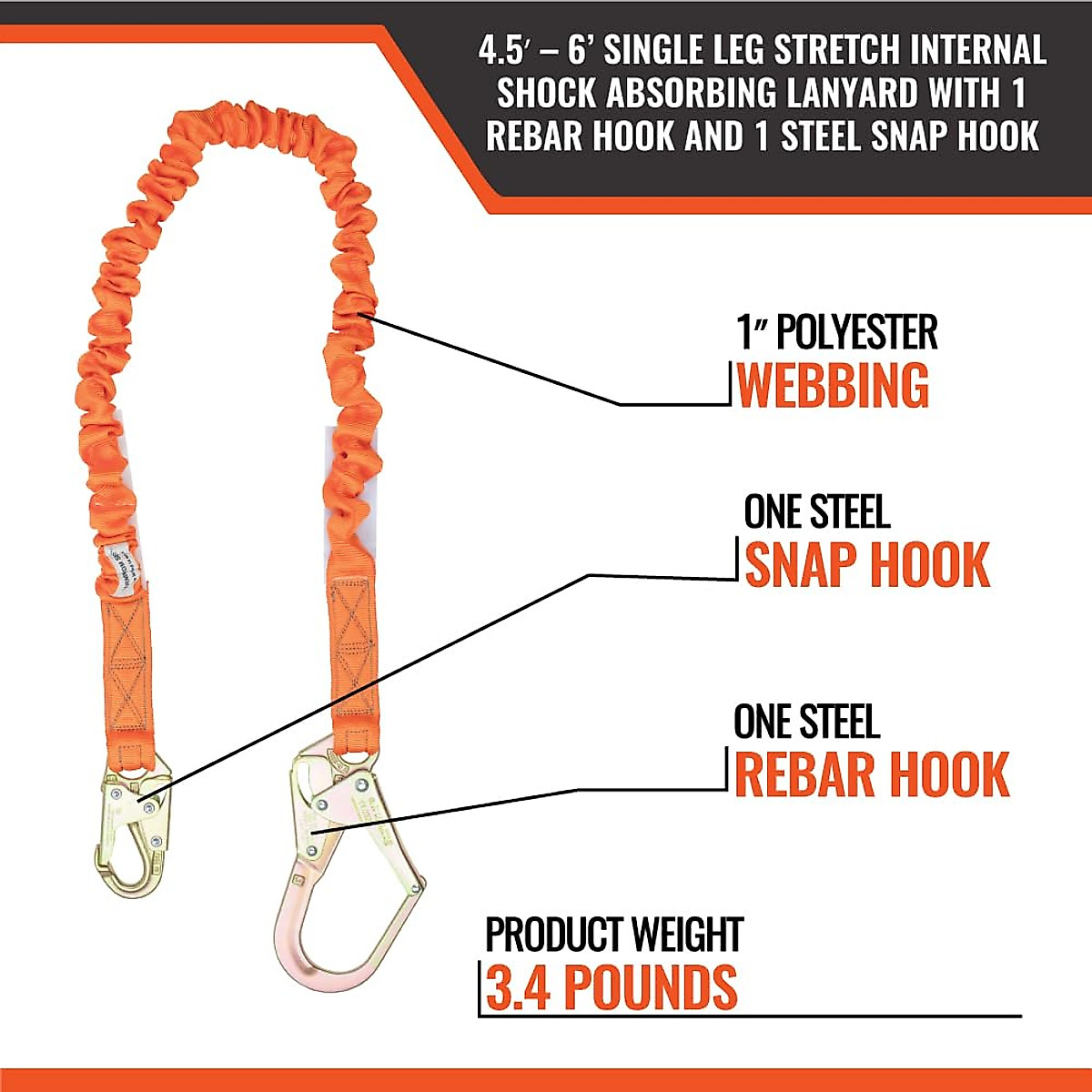 Malta Dynamics 6' Single Leg Stretch Internal Shock Absorbing Lanyard with 1 Rebar Hook and 1 Steel Snap Hook, OSHA/ANSI Compliant