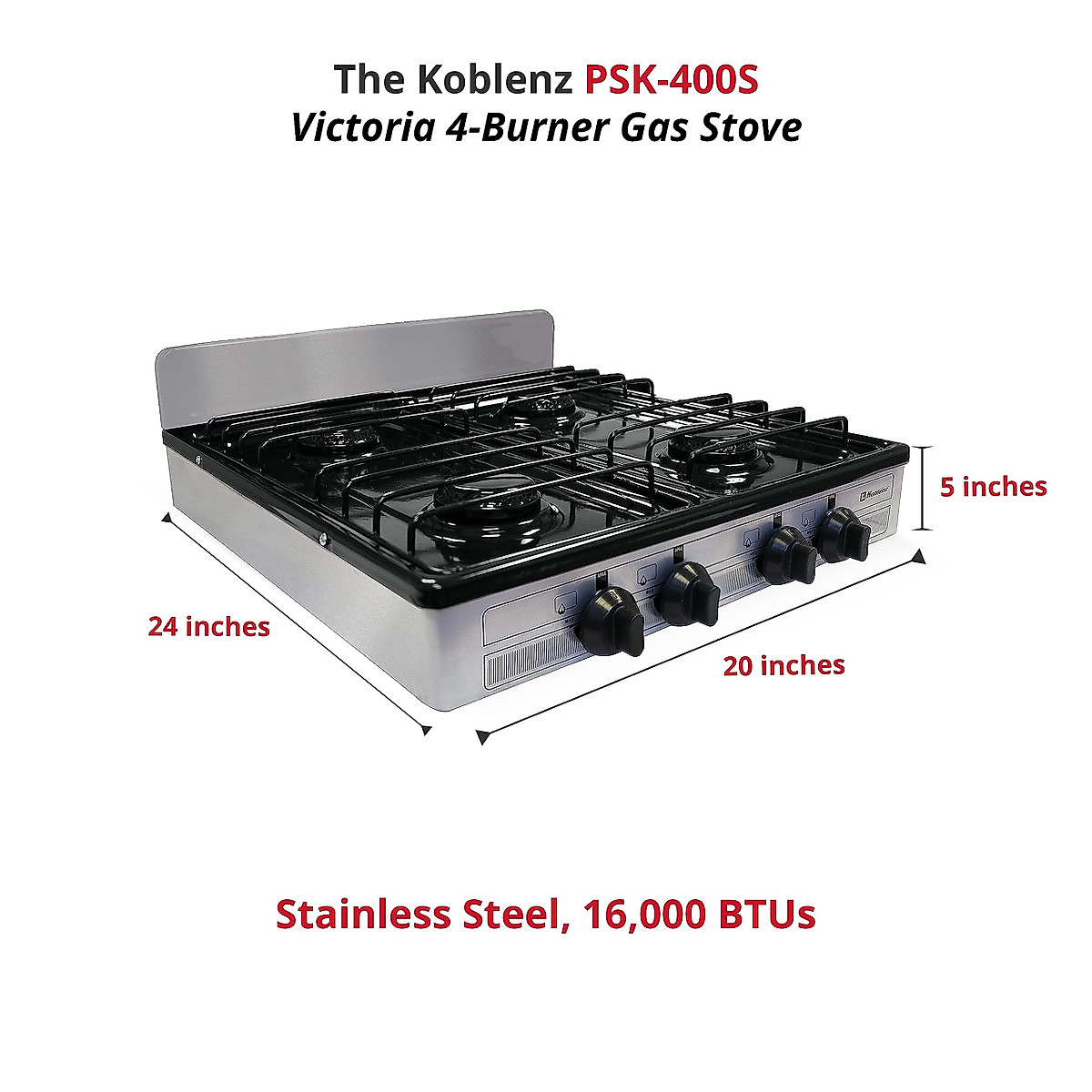 Koblenz PSK-400S 4 Portable Porcelain Cover and Four 16,000 BTU Burners, Stainless Steel Stove for Propane Gas, Silver