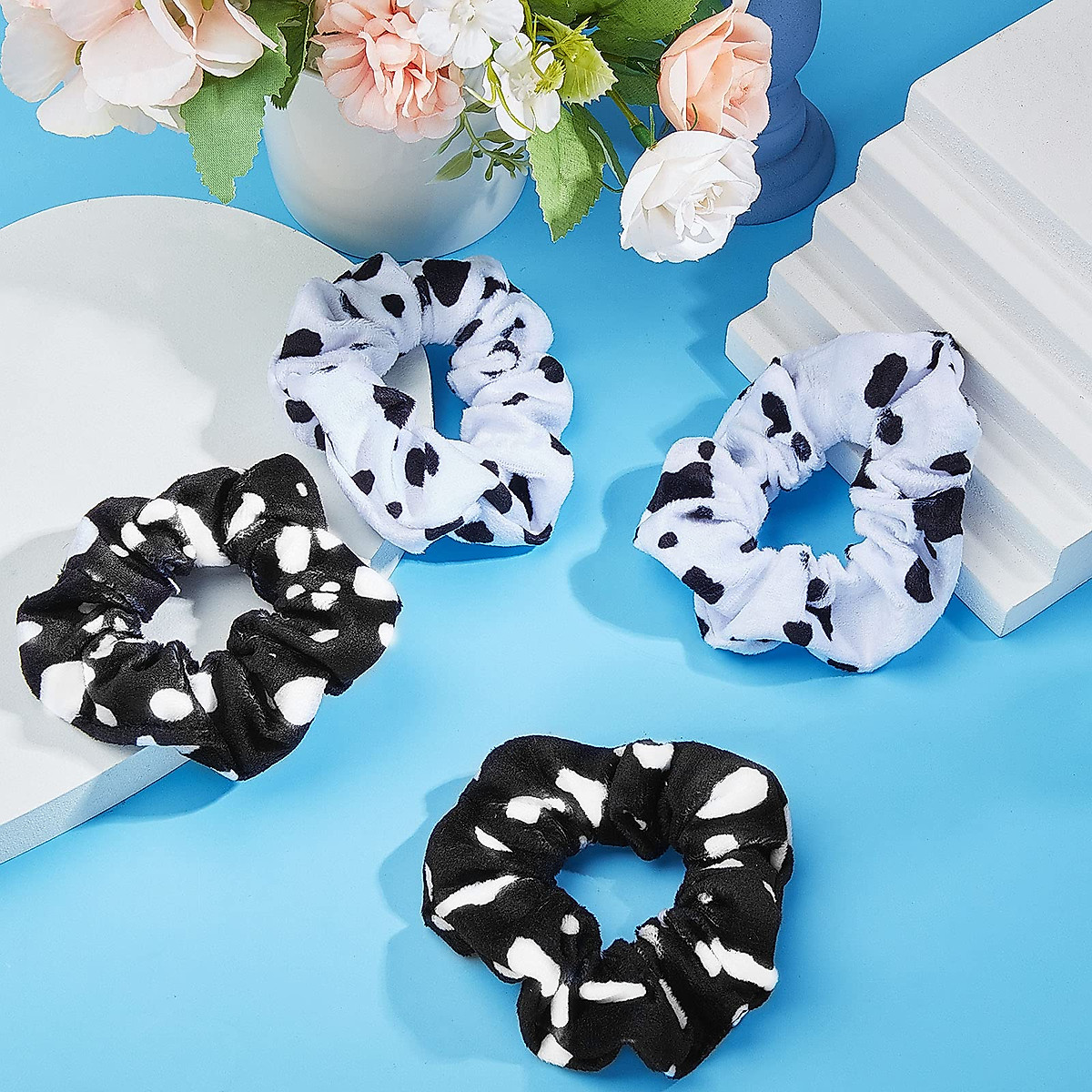 Xinnun 10 Pieces Cow Print Cloth Scrunchies Hair Ropes, White and Black, for Women Girls Hair Accessories Party Decoration Supplies