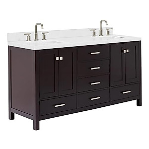 ARIEL Cambridge 66" Espresso Double Vanity, 1.5" Edge Carrara White Quartz Countertop & Splash, Rectangular Sinks, 4 Soft Closing Doors, 6 Full Extension Dovetail Drawers, Brushed Nickel