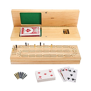 WE Games Wooden Cribbage Board Game Set, Continuous 3 Track for 2-3 Players, Travel Cribbage Board with Card Storage, Includes 9 Metal Pegs & Deck of Cards, Card Games, Classic Board Games for Adults
