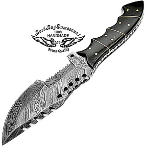 Best.Buy.Damascus1 Buffalo Horn 9.5'' Tracker Fixed Blade Hand Made Damascus Steel Hunting Knife Prime Quality