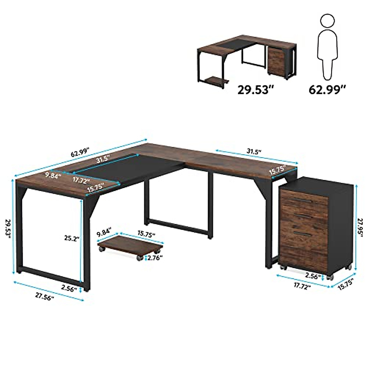 Tribesigns 63" L-Shaped Computer Desk with Mobile File Cabinet, Large Executive Office Desk with 3-Drawer Vertical Filing Cabinet, Business Furniture Sets for Home Office