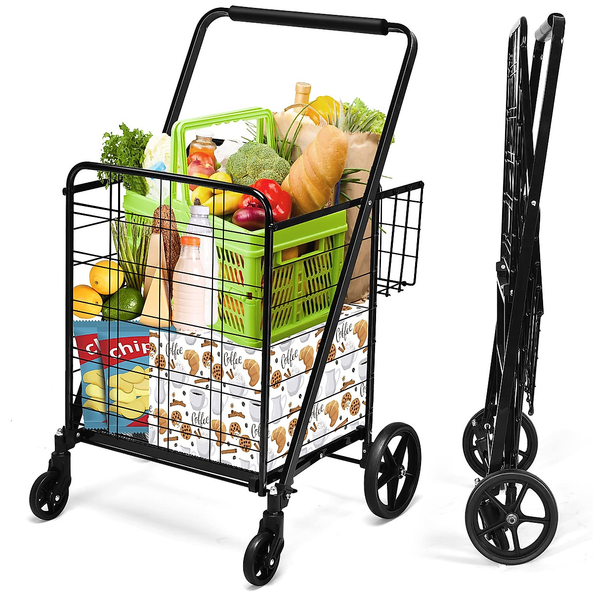 COSTWAY Folding Shopping Cart, Extra Jumbo Double Basket Grocery Cart with 360° Swivel Rolling Bearing Wheels, Dense Metal Mesh Base, Large Capacity Utility Cart for Market, Grocery, Laundry (Black)