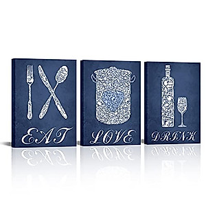 sechars 3 Piece Kitchen Wall Art Eat Love Inspirational Quote Sign Restaurant Cafe Bar Decorations Navy Blue Poster Print on Canvas Framed for Farmhouse Country Home Dining Room Decor Ready to Hang