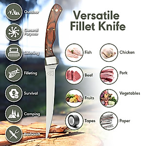 Bushcraft Fillet Knife, 12 Inch Fillet Knife for Fish, Fixed Blade Fish Fillet Knife, 440C Hardened Stainless Steel Boning Knife by Kratos - ZF3F