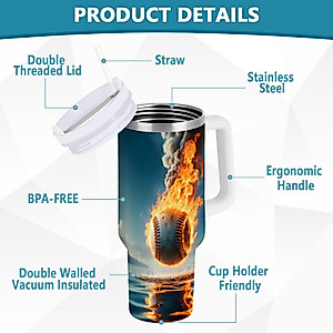ODAWA Fire Water Baseball 30 Oz Water Tumbler with Lid and Straw Insulated Cup