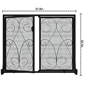 Kingson 2-Panel Fireplace Screen with Doors Handcrafted Wrought Iron Decorative Mesh, Symmetric Scroll Fire Spark Guard-Black