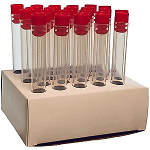 16x125mm Plastic Test Tube Set with Caps and Rack, Polypropylene, Natural Tubes, Red Caps, and Cardboard Rack, Karter Scientific (Pack of 25)