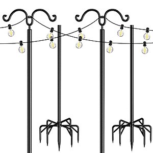 Outdoor String Light Pole 2 Pack, 7-Prong Backyard Steel Patio Light Poles with 2 Optional Hooks and Fence Brackets for Deck Garden Holiday Wedding