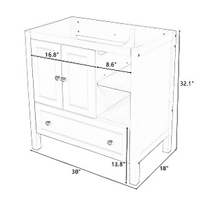Merax Bathroom Vanity Cabinet Base Only, Storage Organizer with Drawer, Solid Wood Frame with Painted Finish, Center Undermount/Drop-in Sink Available (Not Included), 30", Grey
