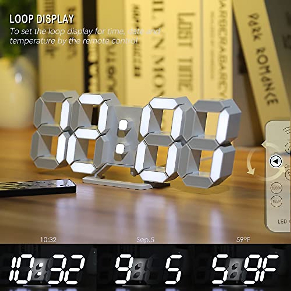 KOSUMOSU 3D LED Digital Wall Clock ,9.7", Large Display Table/ Desk Clock with Remote Control 12/24H Temperature (White Light)