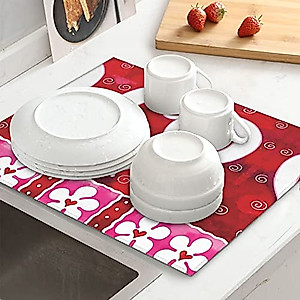 Heart & Flowers Printed Drying Mat For Kitchen Ultra Absorbent Microfiber Dishes Drainer Mats Non-Slip Silicone Quick Dry Pad - 18 X 16inch