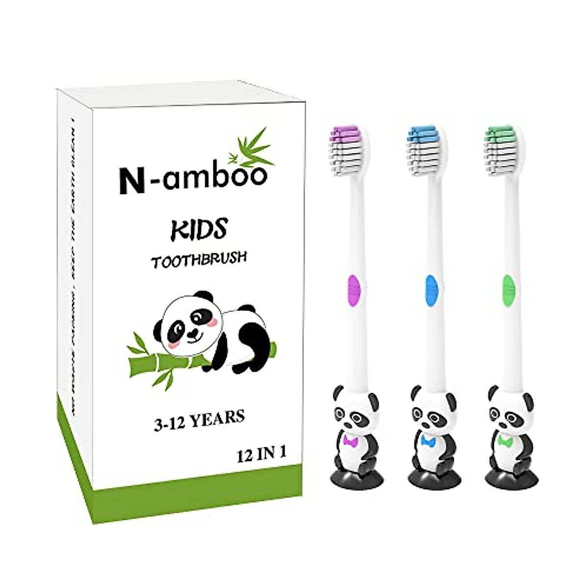 12 Pieces Kids Cartoon Panda Toothbrush Soft Bristles with Sunction Cup Individually Wrapped for Boys and Girls Toddler 3-12 Years