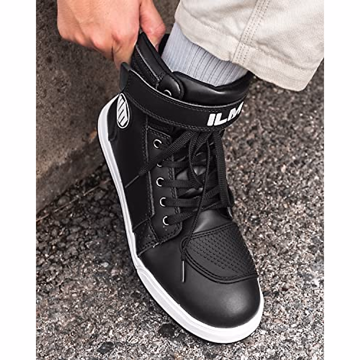 ILM Motorcycle Shoes for Men Black Waterproof Street Riding Protective Gear Breathable Powersport Anti-Slip Footwear with Ankle Support, Shift pad (Black,10.5)