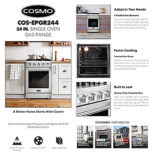 COSMO COS-EPGR244 24 in. Haven Collection 3.73 cu. ft. Gas Range with 4 Sealed Burners, Cast Iron Grates, Convection Oven, Stainless Steel
