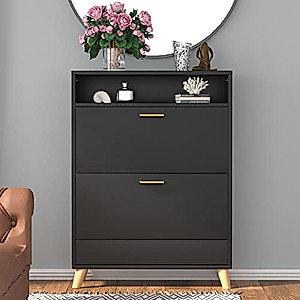 Gyfimoie Shoe Storage Cabinets, Free Standing Shoe Organizer with 2 Flip Drawers for Entryway, Narrow 3 Tier Entryway Hidden Shoe Rack with Doors (Black)