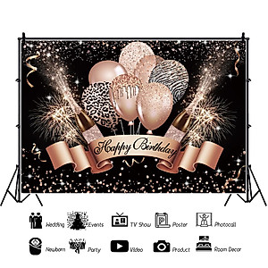 Happy Birthday Backdrop Rose Gold Balloon Glitter Sparkle Spots Champagne Photography Background for Women Girls Party Decoration Banner Photo Booth Props