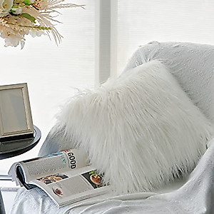 AerWo Fur Throw Pillows Fluffy Pillow Covers, Set of 2 Faux Plush Cushion New Luxury Series Merino Style Decorative Pillows Case for Couch Bed Living Room Car Chair, 18" x 18" (Off-White)