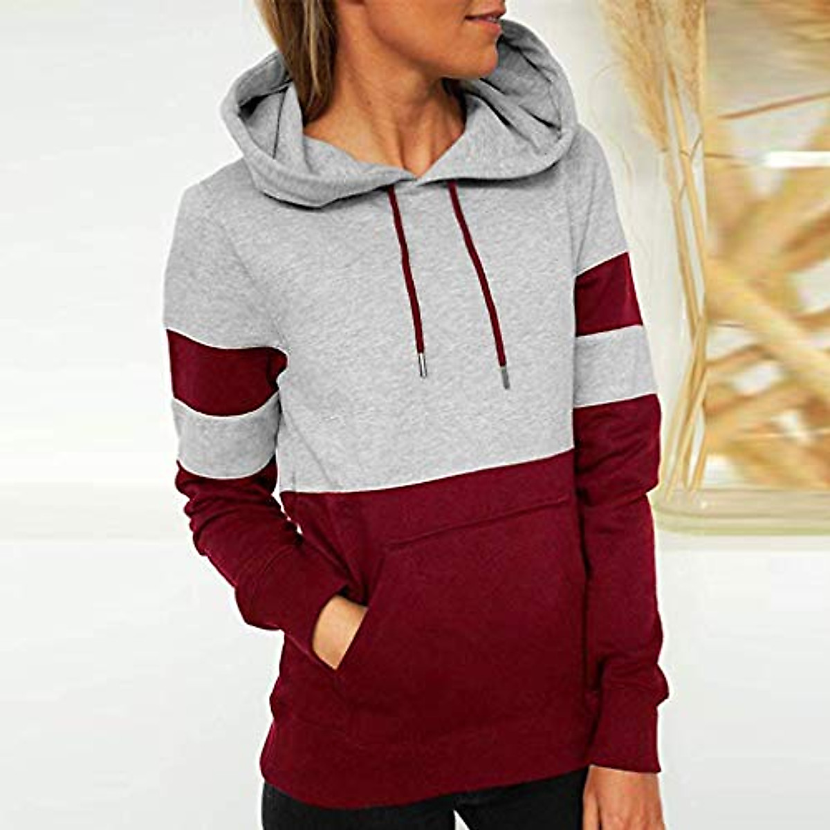 FraftO Womens Hoodie Top Spell Color Stripes Large Size Long Sleeve Sweatshirt Drawstring Pocket Simple Pullover Wine