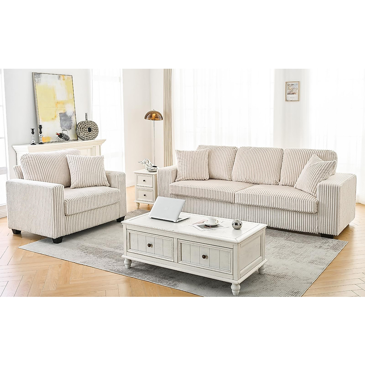 97 in Sofa Couch, Big Comfy Couch for Living Room, Cloud Couch with Oversized Armchair, Small Sofa with 24 in Deep Seat, Velvet Couch for Home and Apartment, Modern Couch, 3 Seater Couch, Beige