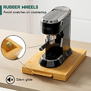 Yumkfoi Bamboo Appliance Slider, Sliding Tray for Coffee Maker, Coffee Maker Slider Tray for Counter with Rolling Wheels for Blender, Toaster, Coffee Pot, Air Fryer (10.8"W x 15.7"D)