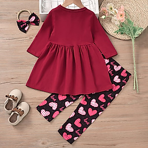 fioukiay Girls Valentine's Day Clothes Outfit Toddler Girl Ruffle Love Heart Top with Trim Legging Set (Wine Heart, 7-8 Years)