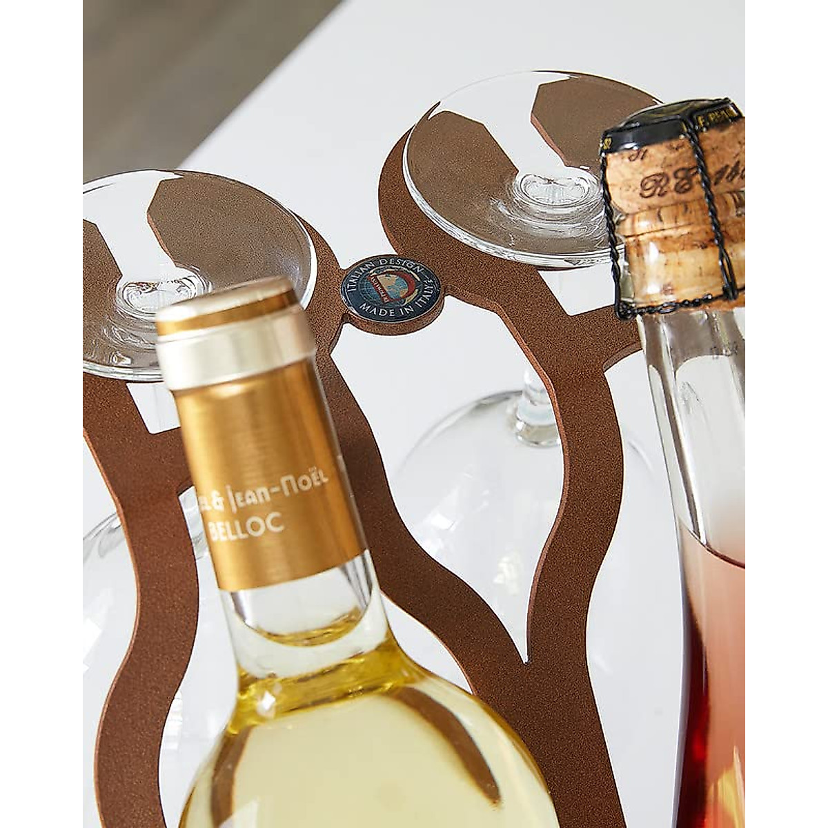 di prima usa Countertop Wine Rack Metal Wine Rack for Table – Small Wine Rack for Tabletop Décor – Wine Rack Holder for 2 Glasses & 2 Bottles - Corten/Chestnut