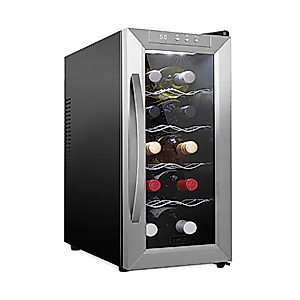 Schmécké 10 Bottle Thermoelectric Wine Cooler/Chiller - Stainless Steel - Counter Top Red & White Wine Cellar w/Digital Temperature, Freestanding Refrigerator Smoked Glass Door Quiet Operation Fridge