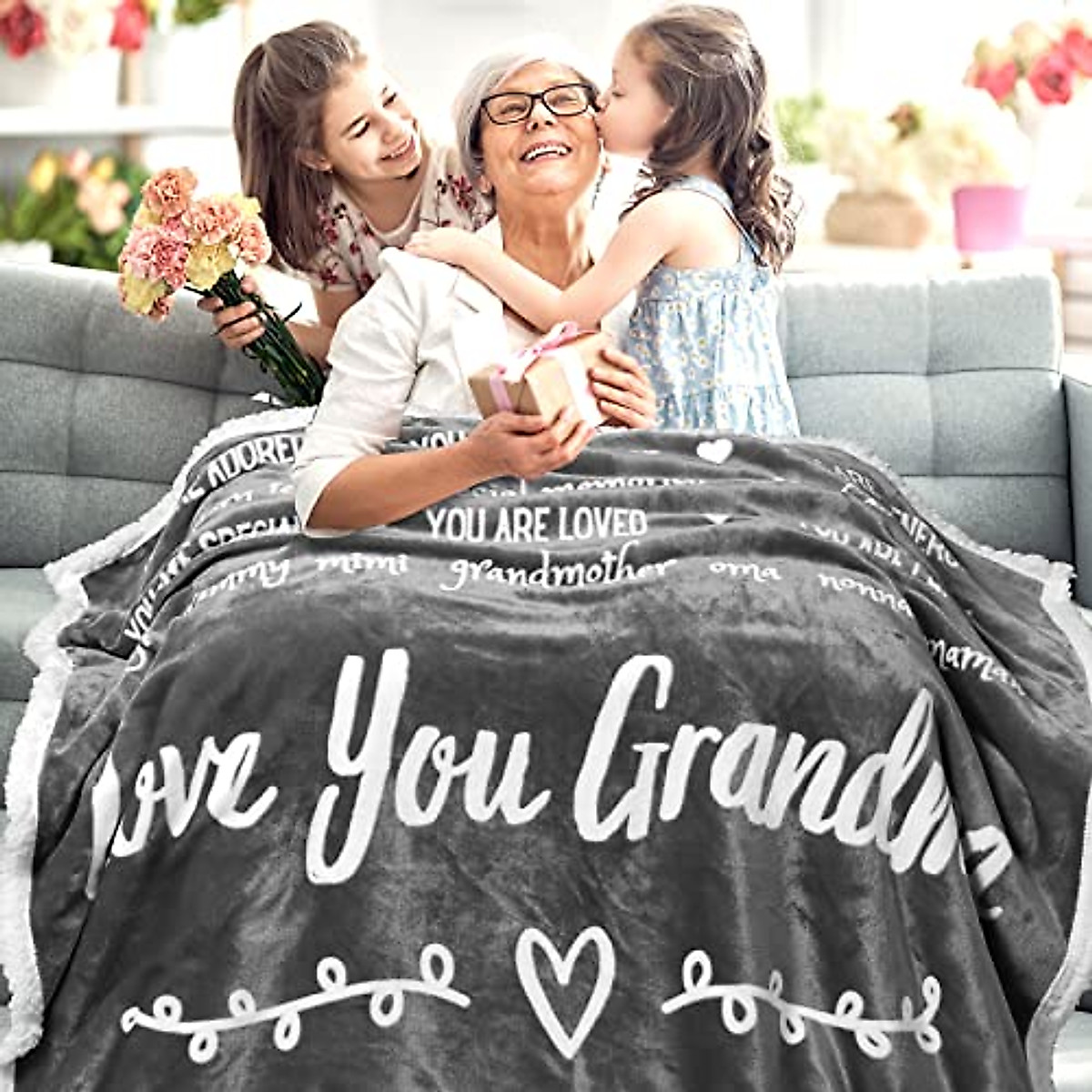 FILO ESTILO Grandma Blanket, Grandma Gifts from Granddaughter, Grandchildren, Unique Grandmother Birthday Gifts, Throw Filled with Words of Love & Appreciation 60x50 Inches (Grey, Sherpa)
