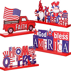 4 Pieces Patriotic Table Decoration 4th of July Wooden Table Centerpiece Independence Day Wood Letter Sign Home of Free God Bless America Table Decoration for Patriotic Party Memorial Day Home Decor