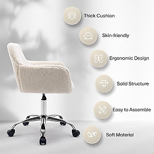 Homedraft Faux Fur 360°Swivel Desk Chair, Height Adjustable Home Office Armchair with Slivery Base for Teens Women Girls, Upholstery Computer Chair for Home Studios, Sherpa & White