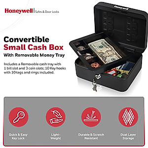 Honeywell Safes & Door Locks - 6111 Convertible Steel Cash and Security Box with Key Lock, Black 6.6x7.9x3.5