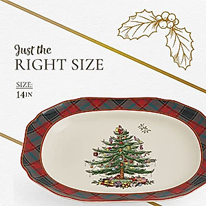 Spode Christmas Tree Tartan Rectangular Platter, 14-Inch Large Serving Tray for Meats, Cheeses, and Desserts | Made of Fine Earthenware | Dishwasher and Microwave Safe