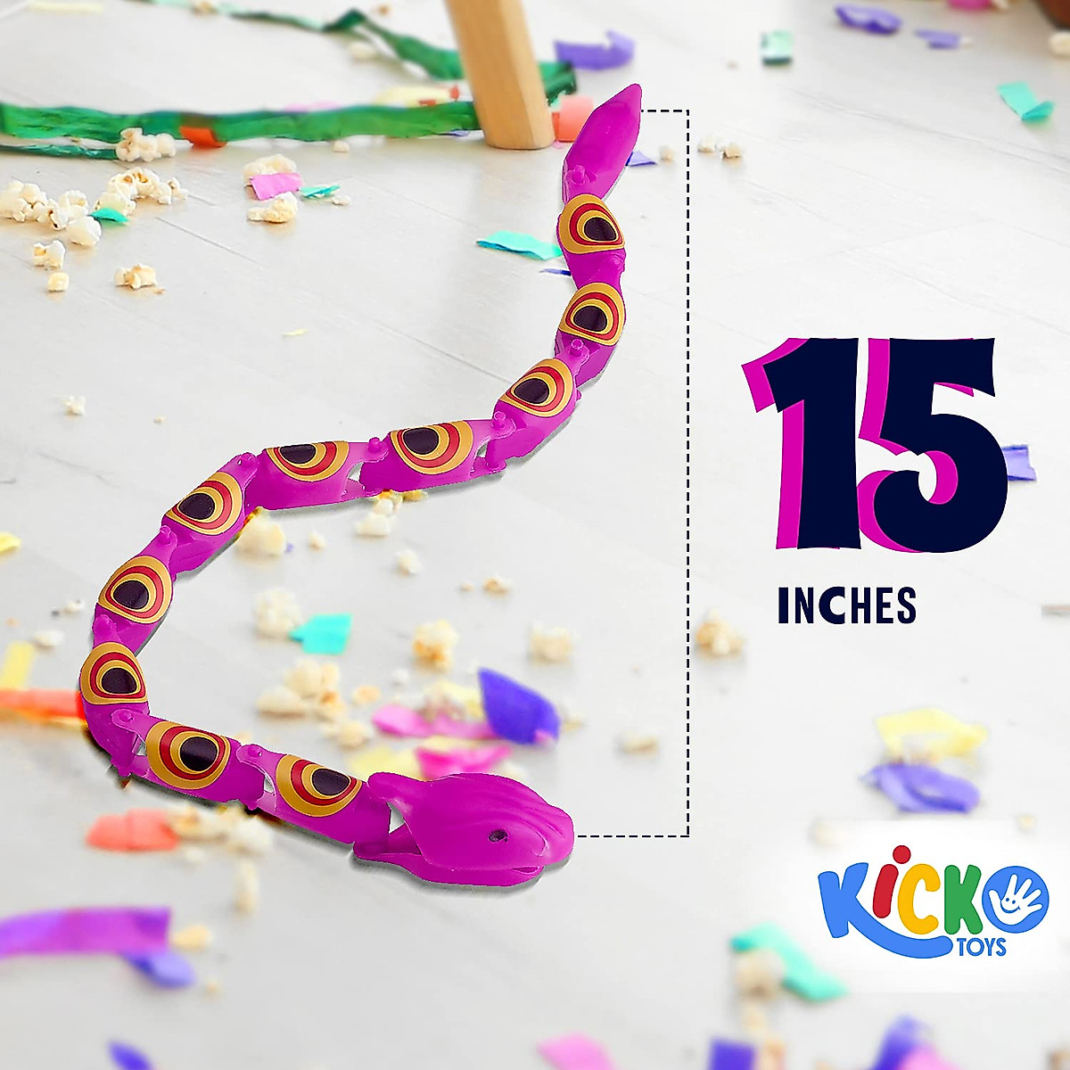 Kicko Wacky Wiggly Jointed Snakes, 15 Inches - Fun and Educational Plastic Toys for Kids - Teach and Improve Motor Skills - Perfect Fidget Party Favor for Boys & Girls - Pack of 12