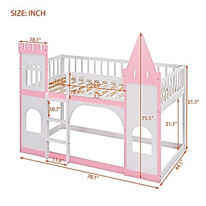 Merax Twin Size Loft Bed Low Bunk Bed, Castle Shaped Wood Bed Frames with Safety Guardrails for Boys or Girls, Pink